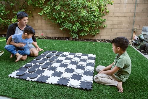 SWOOC Games - 2-in-1 Reversible Giant Checkers & Tic Tac Toe Game (4ft x 4ft) - 100% High Density EVA Foam Mat & Pieces - Extra Large Checkers with Jumbo Checkerboard and Yard Size Tic Tac Toss