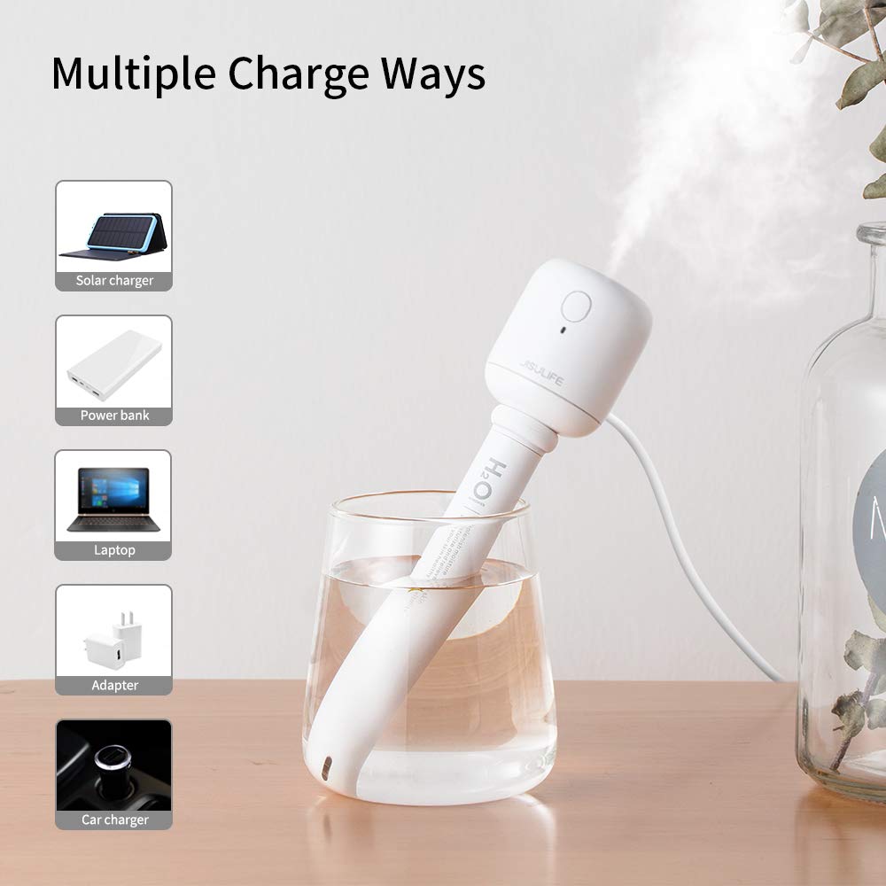 JISULIFE Mini Portable Humidifier, Travel Personal Battery Operated Humidifier with Container Diversity, Max 7Hrs, Auto Shut Off , Ultra-Quiet, USB Rechargeable Humidifier for Office/Bedroom/Plants