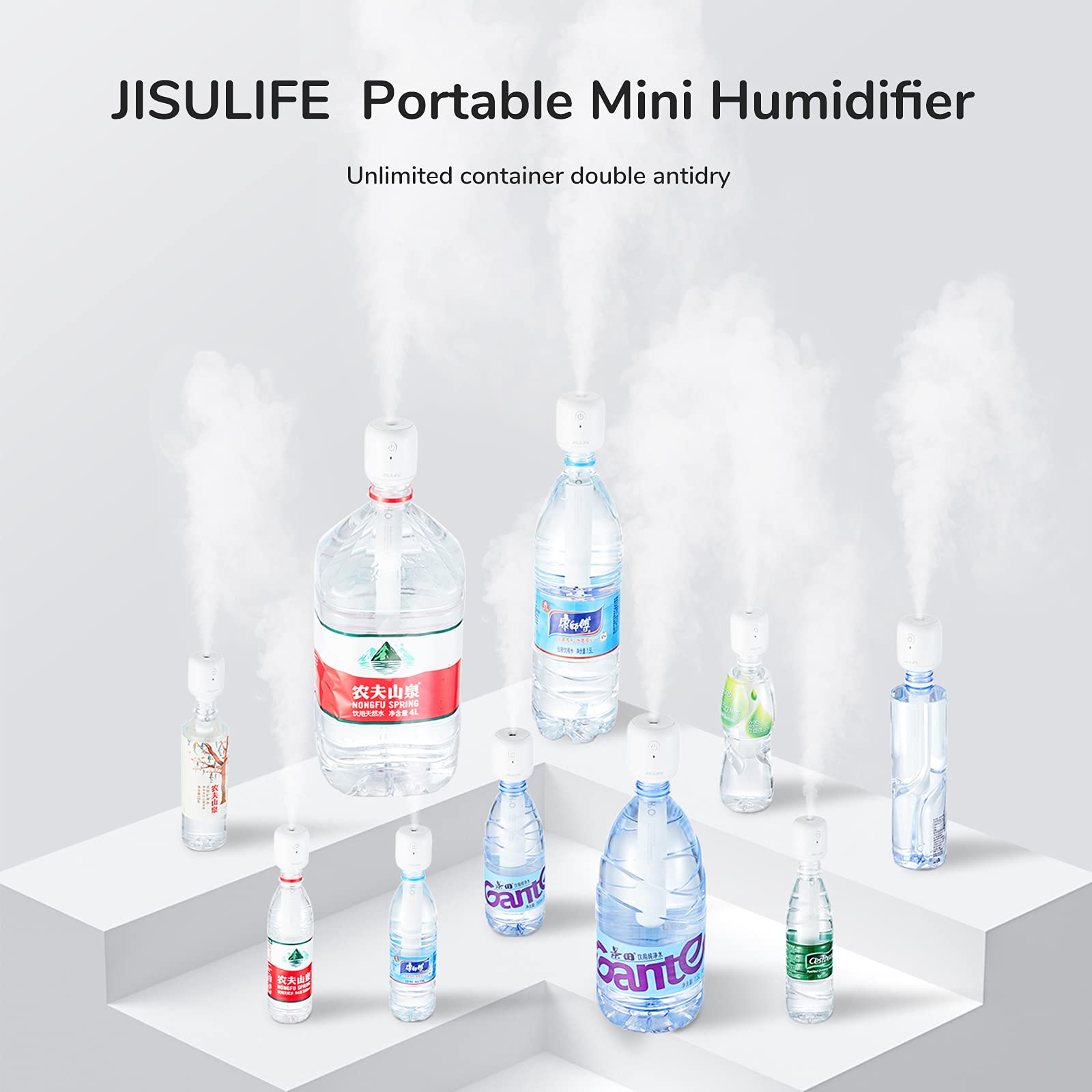 JISULIFE Mini Portable Humidifier, Travel Personal Battery Operated Humidifier with Container Diversity, Max 7Hrs, Auto Shut Off , Ultra-Quiet, USB Rechargeable Humidifier for Office/Bedroom/Plants