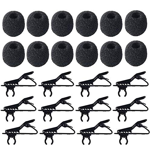 AUGSUN 12Pcs Lavalier Microphone Clip Metal Tie Clips with 12Pcs Foam Windscreen Cover, Lapel Microphone Replacement Kit