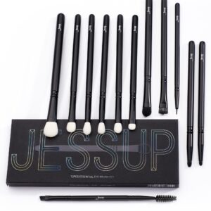 jessup eyeshadow brush set 12pcs black eye makeup brushes set professional with natural synthetic hair for eyebrow eyelash eyeliner spoolie blending, t322