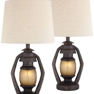 Franklin Iron Works Horace Rustic Farmhouse Table Lamps 25.25" High Full Size Set of 2 with Nightlight Miner Lantern Brown Oatmeal Tapered Drum Shade for Living Room Bedroom House Bedside Nightstand