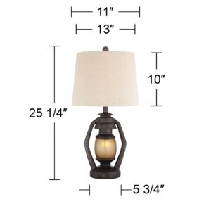 Franklin Iron Works Horace Rustic Farmhouse Table Lamps 25.25" High Full Size Set of 2 with Nightlight Miner Lantern Brown Oatmeal Tapered Drum Shade for Living Room Bedroom House Bedside Nightstand