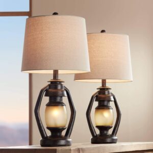 Franklin Iron Works Horace Rustic Farmhouse Table Lamps 25.25" High Full Size Set of 2 with Nightlight Miner Lantern Brown Oatmeal Tapered Drum Shade for Living Room Bedroom House Bedside Nightstand