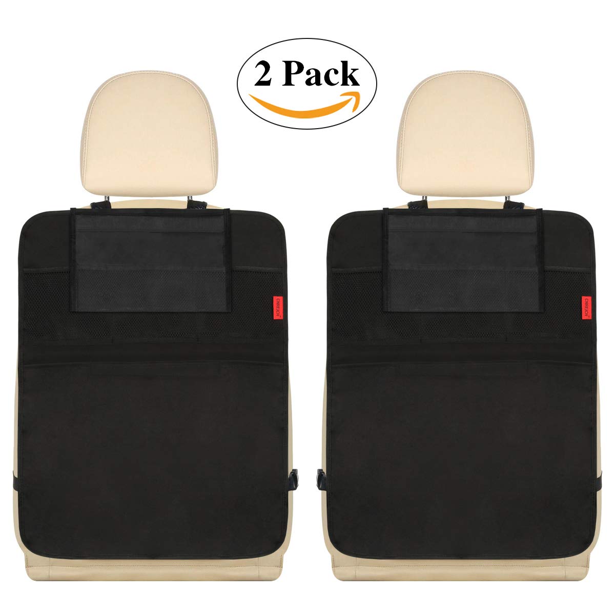 DEAR AUTO Car Backseat Organizer - Car Seat Protector - 2 Pack - Premium Quality Car Kick Mats with 10" Tablet Holder - Extra Large Pocket-ECO Friendly Waterproof material- Sturdy Top