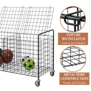 MyGift X-Large Capacity Black Metal Sports Ball and Gym Equipment Storage Rolling Cart with 2 Compartments, Lock Latch and Heavy-Duty Locking Caster Wheels, Garage Ball and Gear Organizer Holder