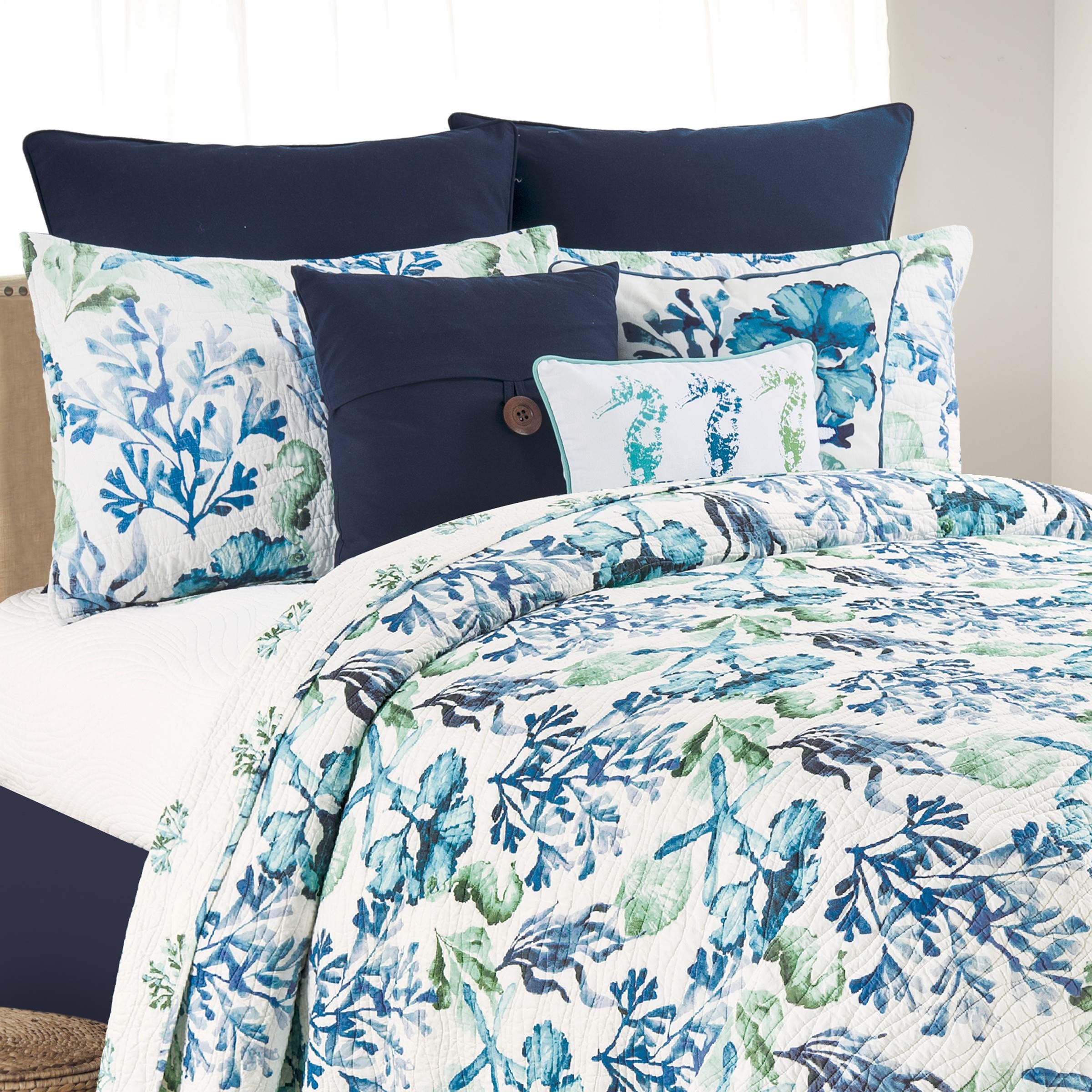 C&F Home Bluewater Bay King Cotton Quilt Set All-Season Oversized Reversible Nautical Coastal Beach Theme Bedspread 3 Pcs with Shams King 3 Piece Set Blue