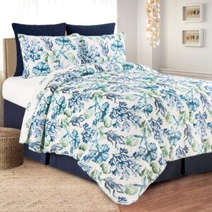 C&F Home Bluewater Bay King Cotton Quilt Set All-Season Oversized Reversible Nautical Coastal Beach Theme Bedspread 3 Pcs with Shams King 3 Piece Set Blue