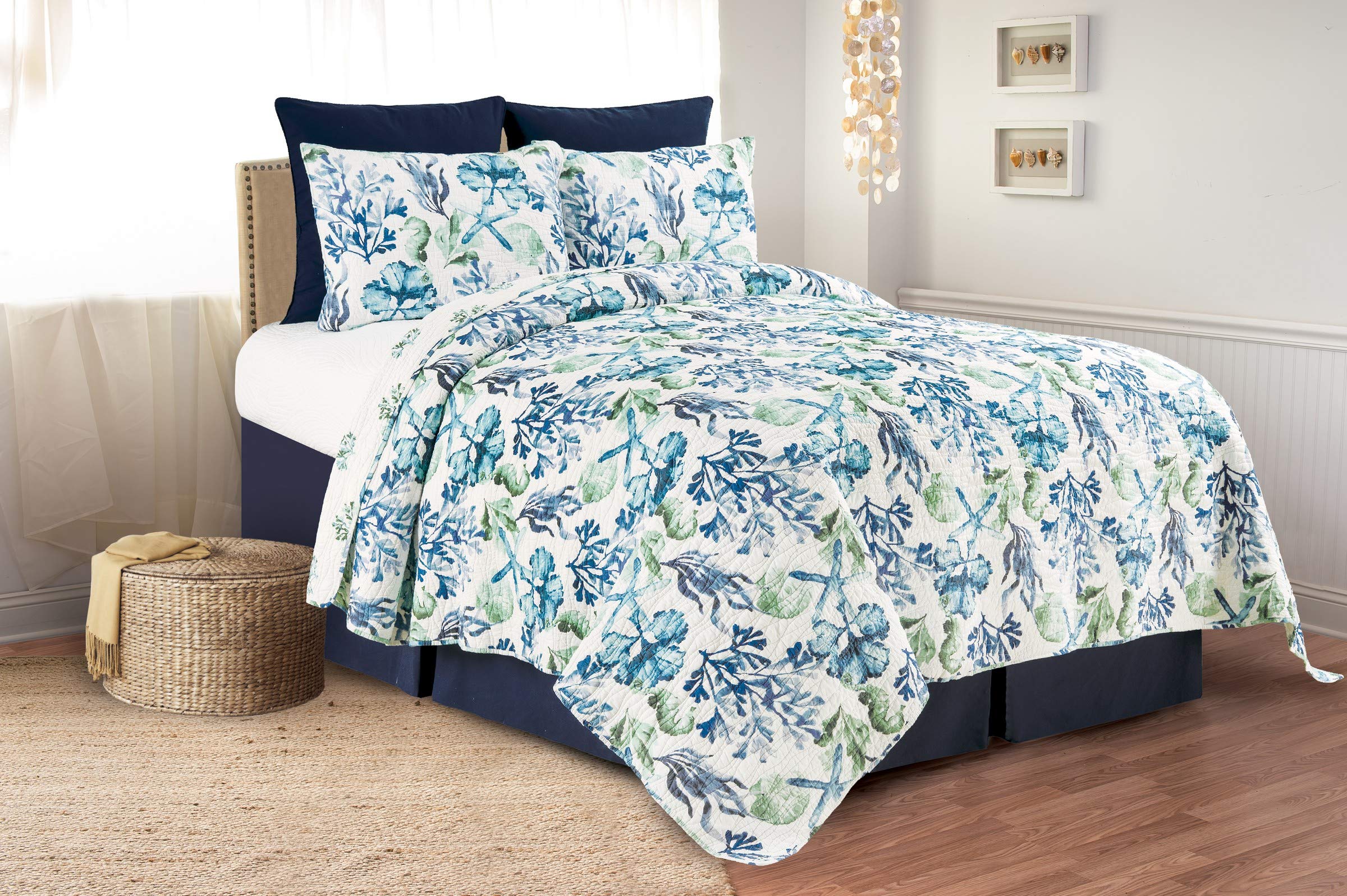 C&F Home Bluewater Bay King Cotton Quilt Set All-Season Oversized Reversible Nautical Coastal Beach Theme Bedspread 3 Pcs with Shams King 3 Piece Set Blue