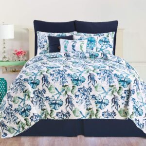 C&F Home Bluewater Bay King Cotton Quilt Set All-Season Oversized Reversible Nautical Coastal Beach Theme Bedspread 3 Pcs with Shams King 3 Piece Set Blue