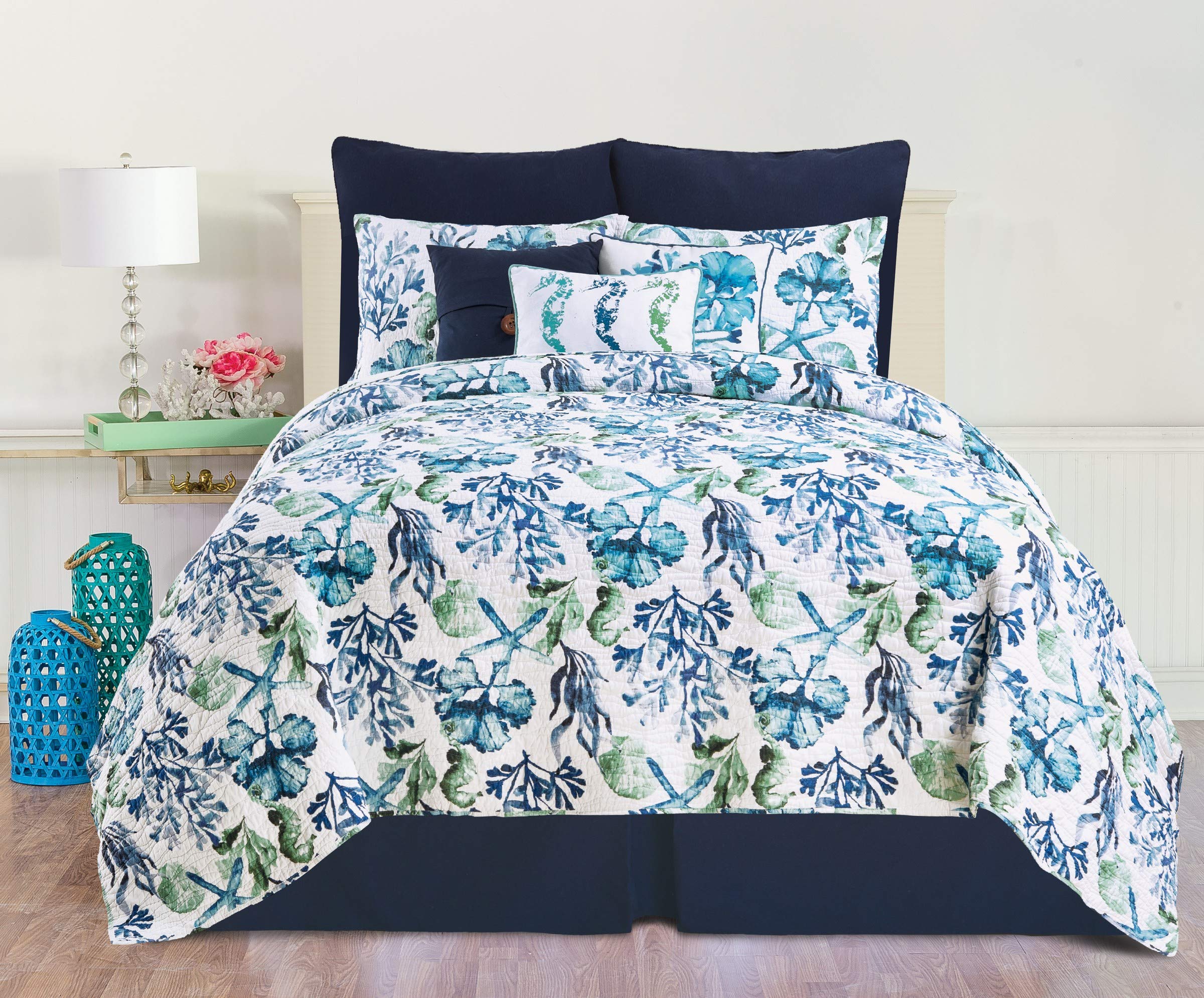 C&F Home Bluewater Bay King Cotton Quilt Set All-Season Oversized Reversible Nautical Coastal Beach Theme Bedspread 3 Pcs with Shams King 3 Piece Set Blue