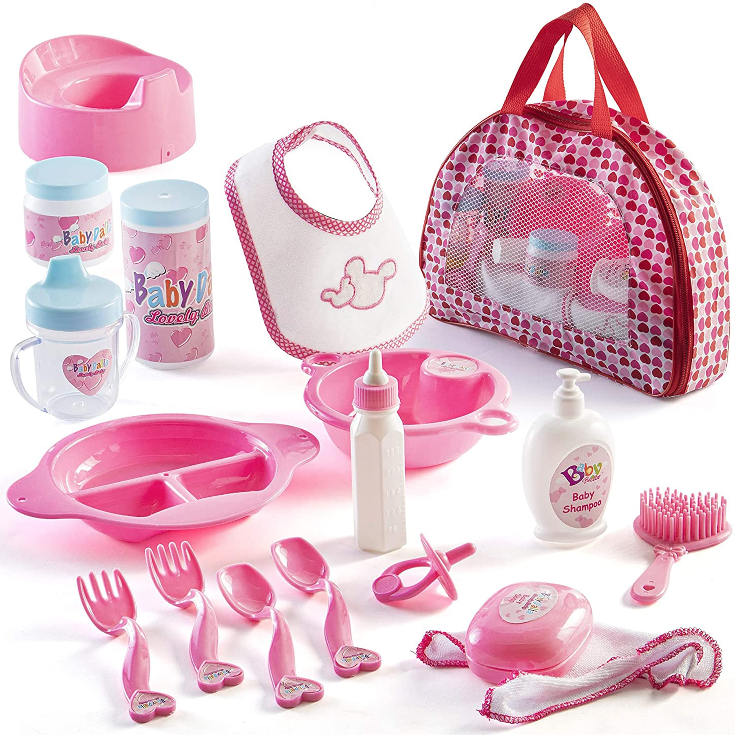 PREXTEX 18-Piece Baby Doll Accessories Set with Carrying Case - Includes Bottle, Sippy Cup, Pacifier, Bib, Hair Brush, Plates and More, Perfect for Kids, Toddlers, and Girls