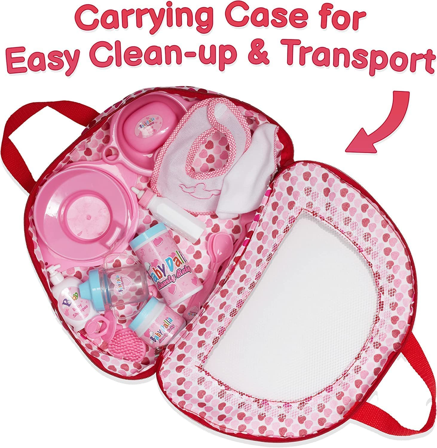 PREXTEX 18-Piece Baby Doll Accessories Set with Carrying Case - Includes Bottle, Sippy Cup, Pacifier, Bib, Hair Brush, Plates and More, Perfect for Kids, Toddlers, and Girls