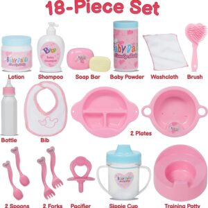 PREXTEX 18-Piece Baby Doll Accessories Set with Carrying Case - Includes Bottle, Sippy Cup, Pacifier, Bib, Hair Brush, Plates and More, Perfect for Kids, Toddlers, and Girls