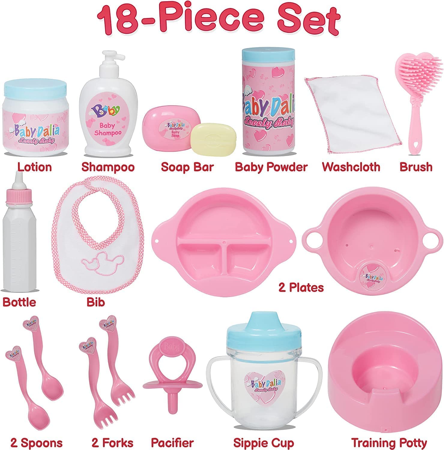 PREXTEX 18-Piece Baby Doll Accessories Set with Carrying Case - Includes Bottle, Sippy Cup, Pacifier, Bib, Hair Brush, Plates and More, Perfect for Kids, Toddlers, and Girls