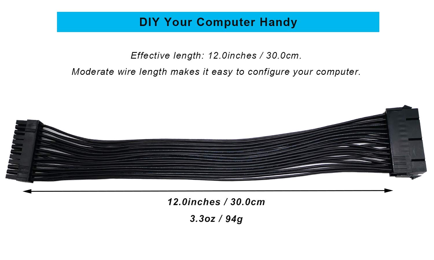 ZLKSKER 24 Pin Motherboard Power Supply Cable 12 Inch, 18AWG ATX Power Supply Extension Wire, 24 Pin Male to 24 Pin Female