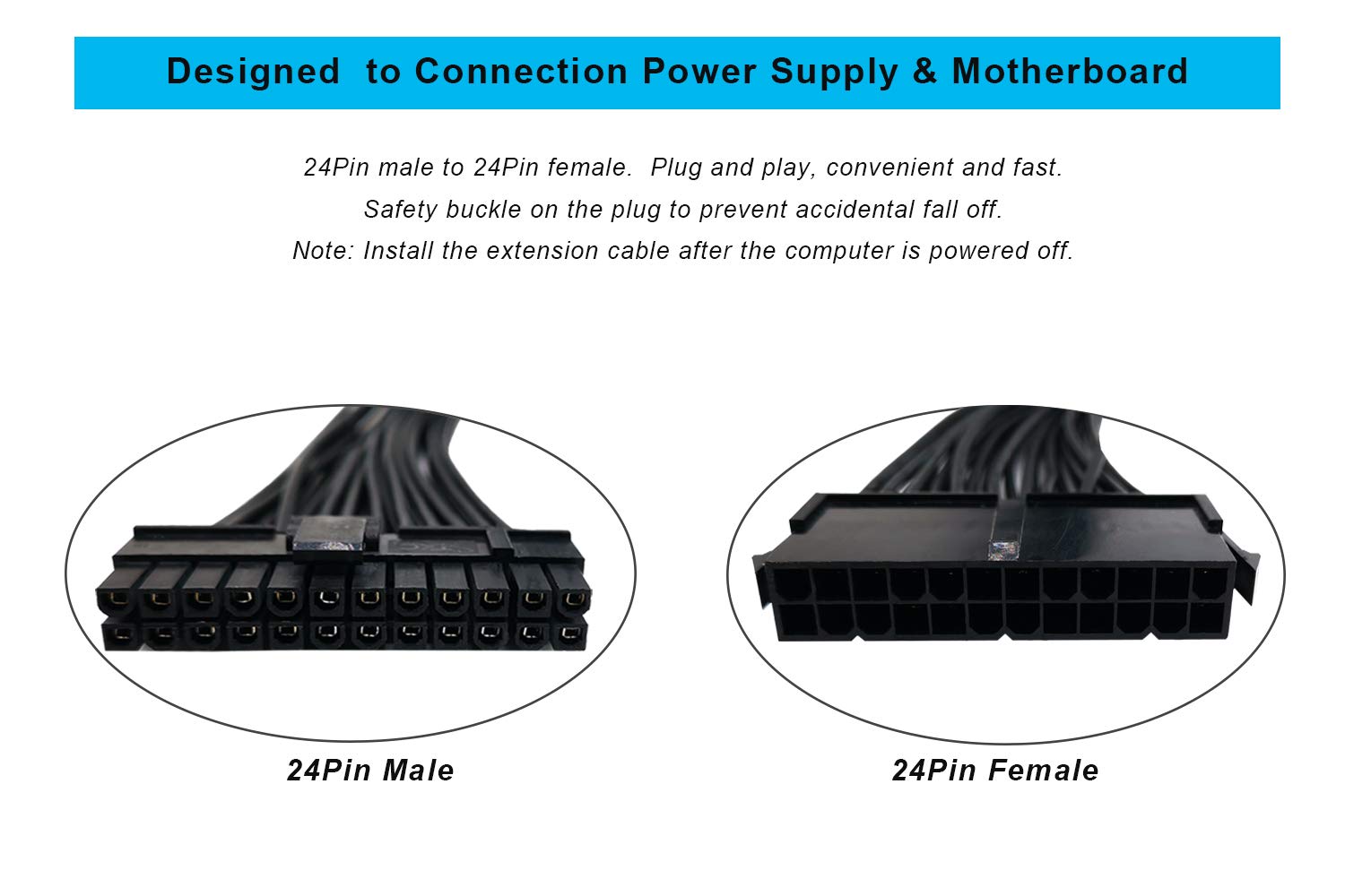 ZLKSKER 24 Pin Motherboard Power Supply Cable 12 Inch, 18AWG ATX Power Supply Extension Wire, 24 Pin Male to 24 Pin Female