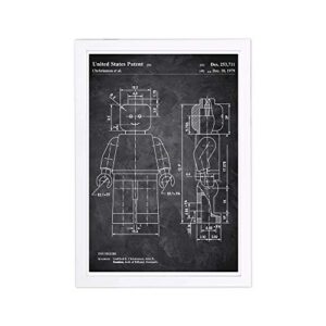 wynwood studio entertainment and hobbies framed wall art prints 'lego toy figure 1979 chalkboard' home décor, 13" x 19", black, white