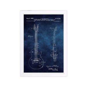 wynwood studio music and dance framed wall art prints 'gibson les paul guitar 1955 chalkboard' home décor, 13" x 19", blue, white