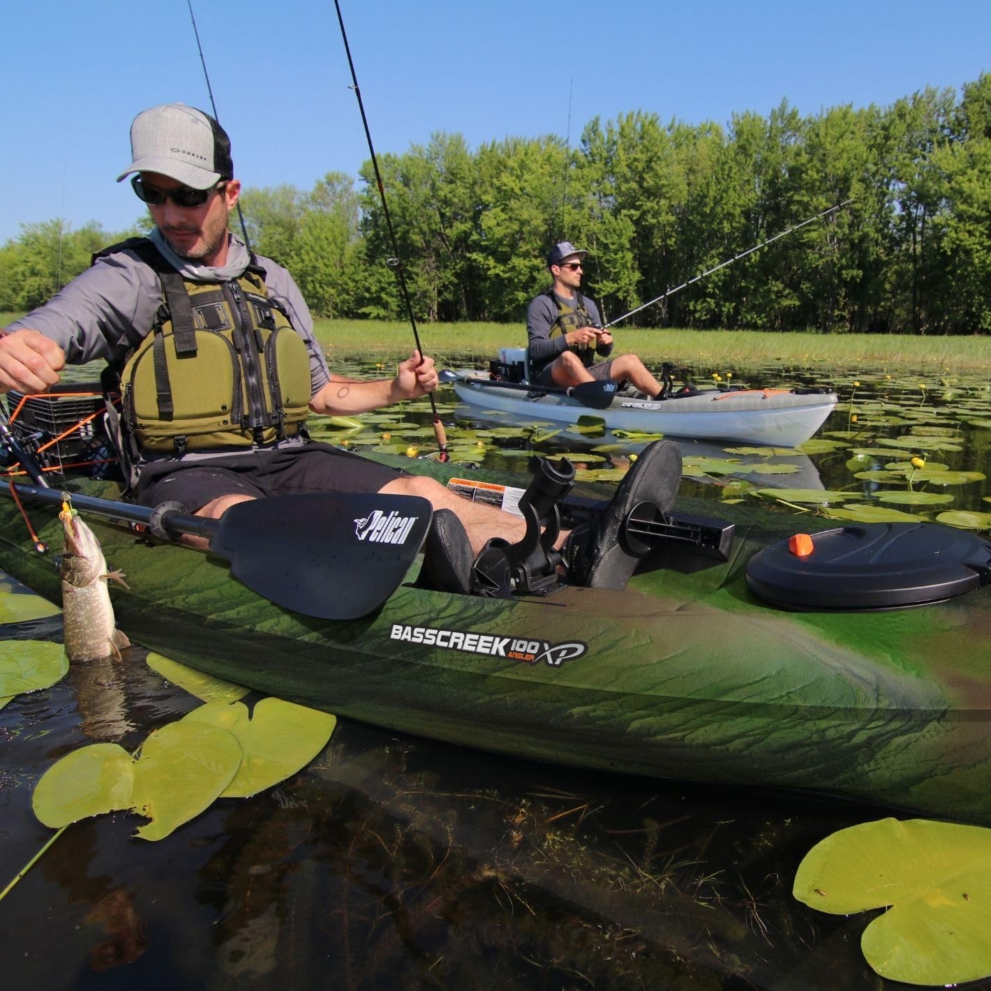 Pelican - Basscreek 100XP Fishing Kayak - Sit-On-Top Kayak - Lightweight one Person Kayak - 10 ft,Olive Camo