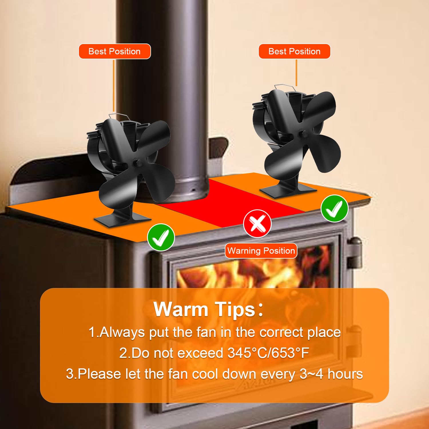 VODA Newly Upgrade 4 Blades Heat Powered Stove Eco Fan with Magnetic Thermometer for Wood Log Burner Fireplace