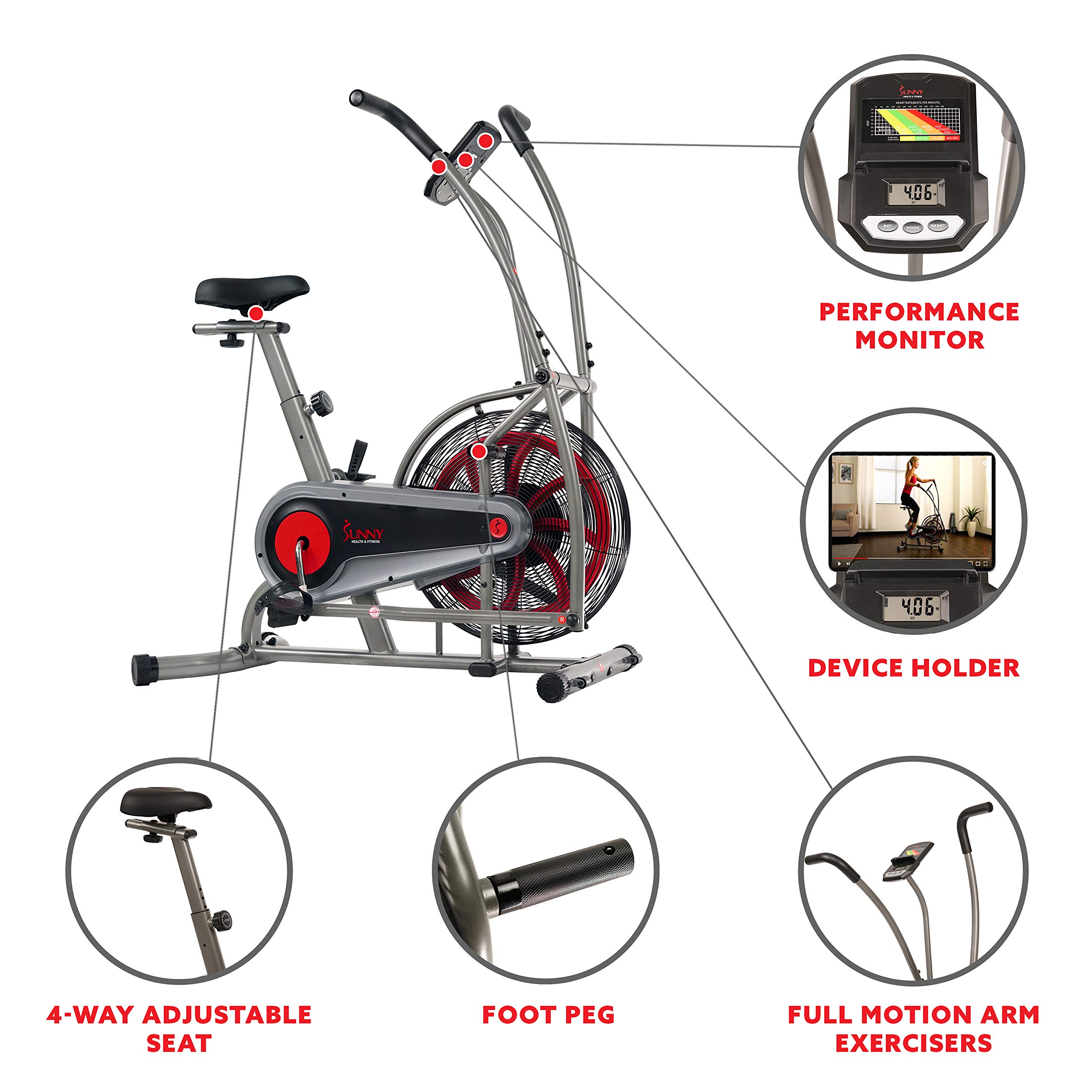 Sunny Health & Fitness Motion Air Bike, Fan Exercise Bike with Unlimited Resistance and Tablet Holder - SF-B2916,Black