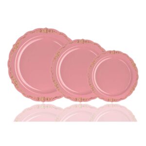 exquisite 60 pcs disposable plastic plates | victorian design premium disposable plates | 9 inch. pink & gold china like plastic plates for parties & weddings