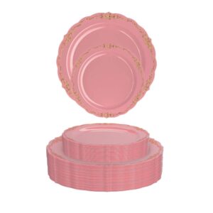 Exquisite 60 Pcs Disposable Plastic Plates | Victorian Design Premium Disposable Plates | 9 inch. Pink & Gold China Like Plastic Plates For Parties & Weddings