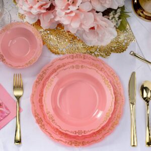 Exquisite 60 Pcs Disposable Plastic Plates | Victorian Design Premium Disposable Plates | 9 inch. Pink & Gold China Like Plastic Plates For Parties & Weddings