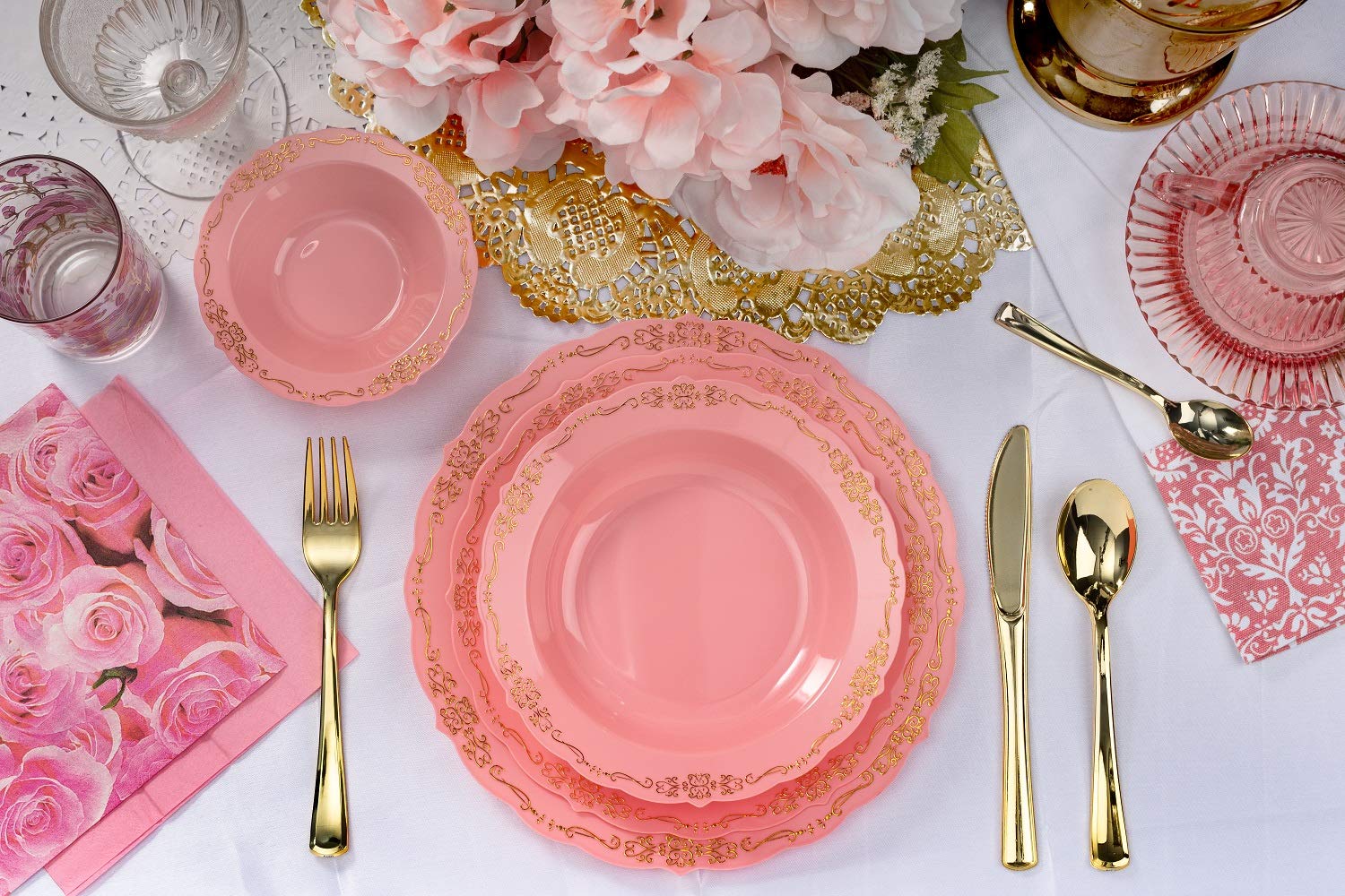 Exquisite 60 Pcs Disposable Plastic Plates | Victorian Design Premium Disposable Plates | 9 inch. Pink & Gold China Like Plastic Plates For Parties & Weddings