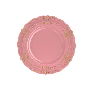 Exquisite 60 Pcs Disposable Plastic Plates | Victorian Design Premium Disposable Plates | 9 inch. Pink & Gold China Like Plastic Plates For Parties & Weddings