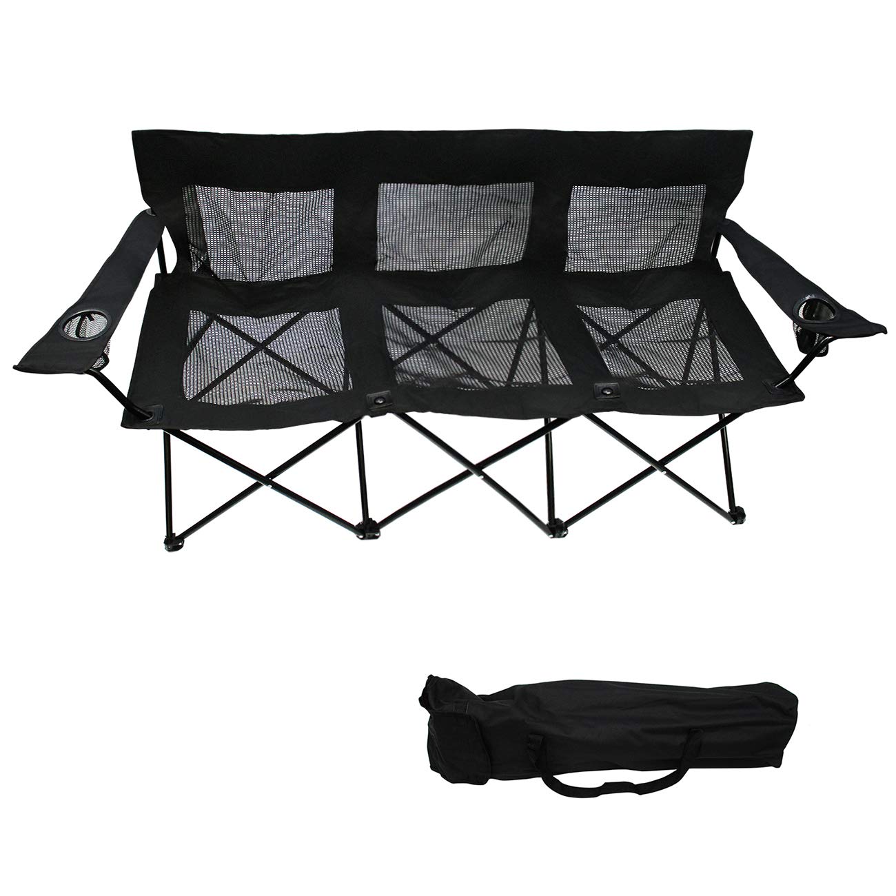 Trademark Innovations Triple Style 3-Seater Steel Frame Mesh Back Camp Chair, Black