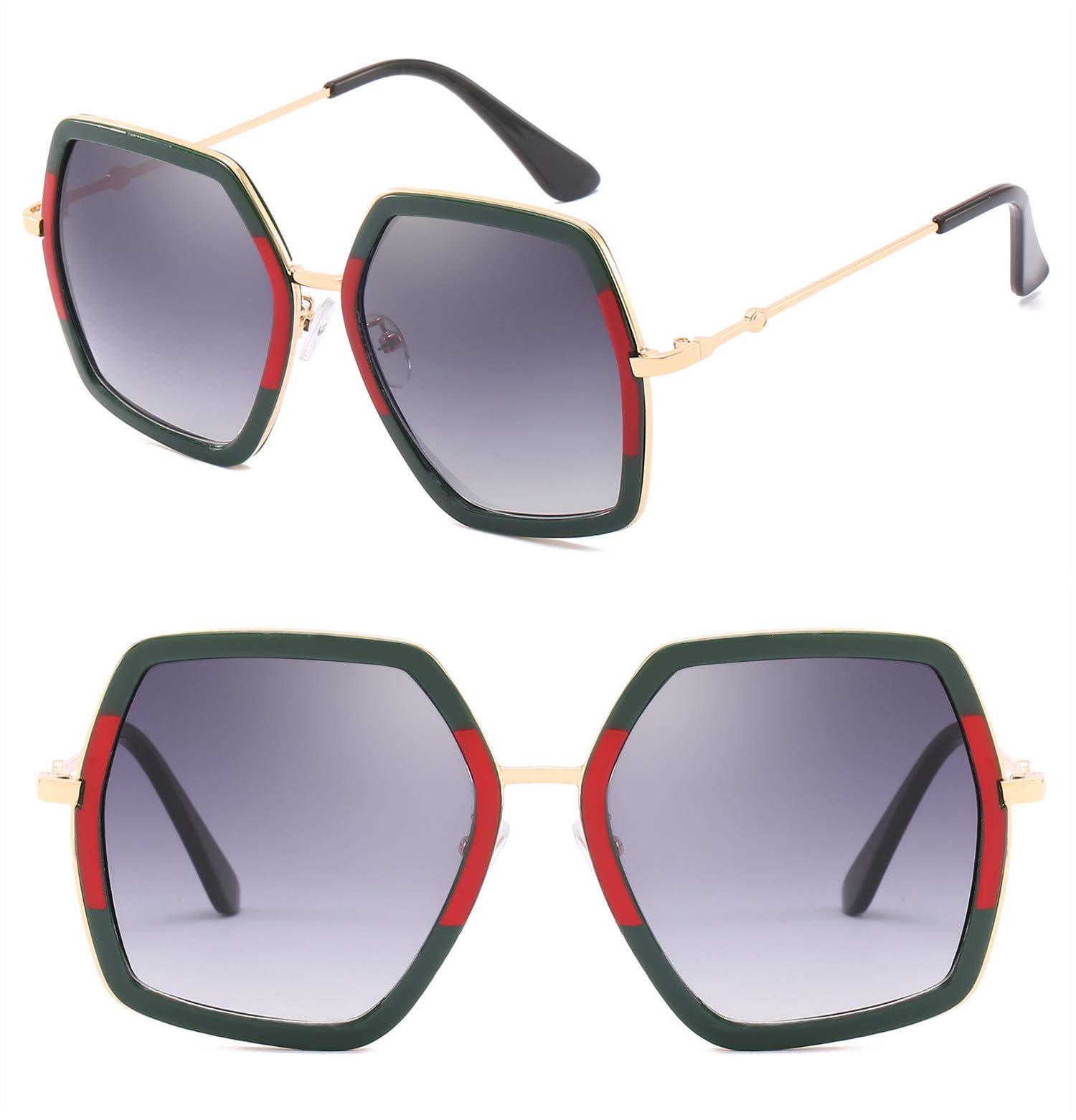 iKANOO Oversized Square Sunglasses for Women Hexagon Inspired Designer Style Shades (Red&green)