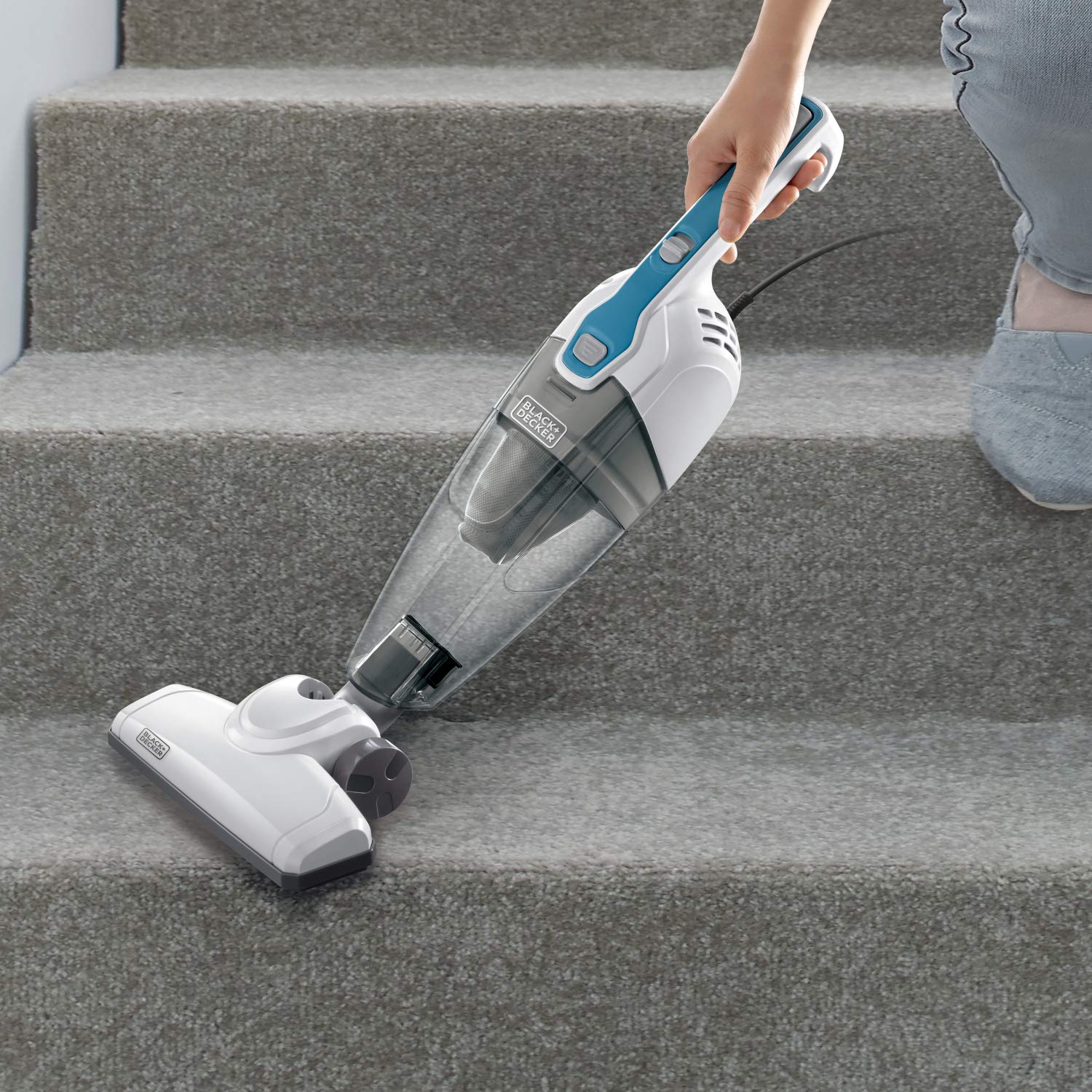 Black & Decker BDST1609 3-in-1 Corded Lightweight Handheld Cleaner & Stick Vacuum Cleaner, White with Aqua Blue