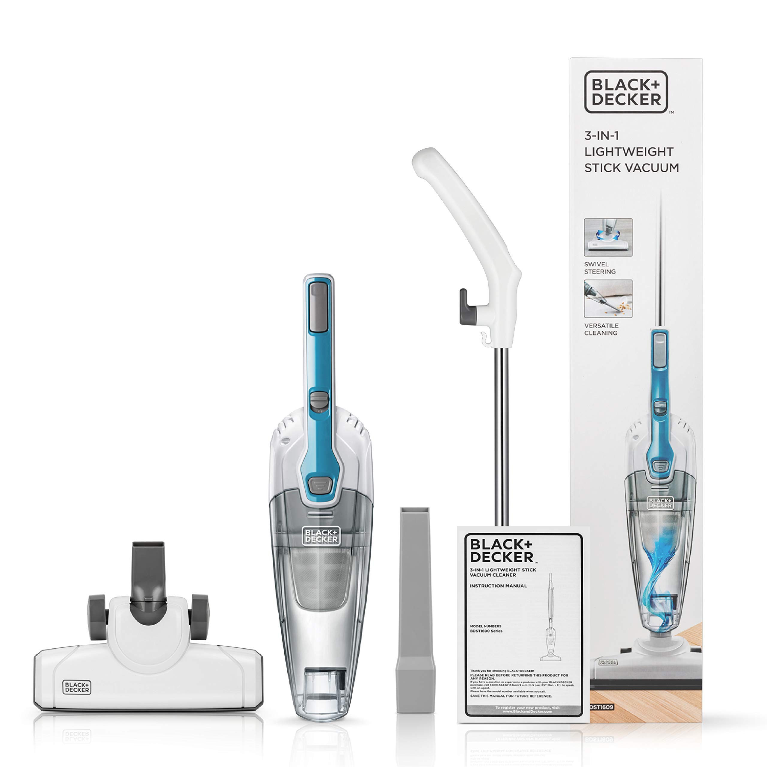 Black & Decker BDST1609 3-in-1 Corded Lightweight Handheld Cleaner & Stick Vacuum Cleaner, White with Aqua Blue