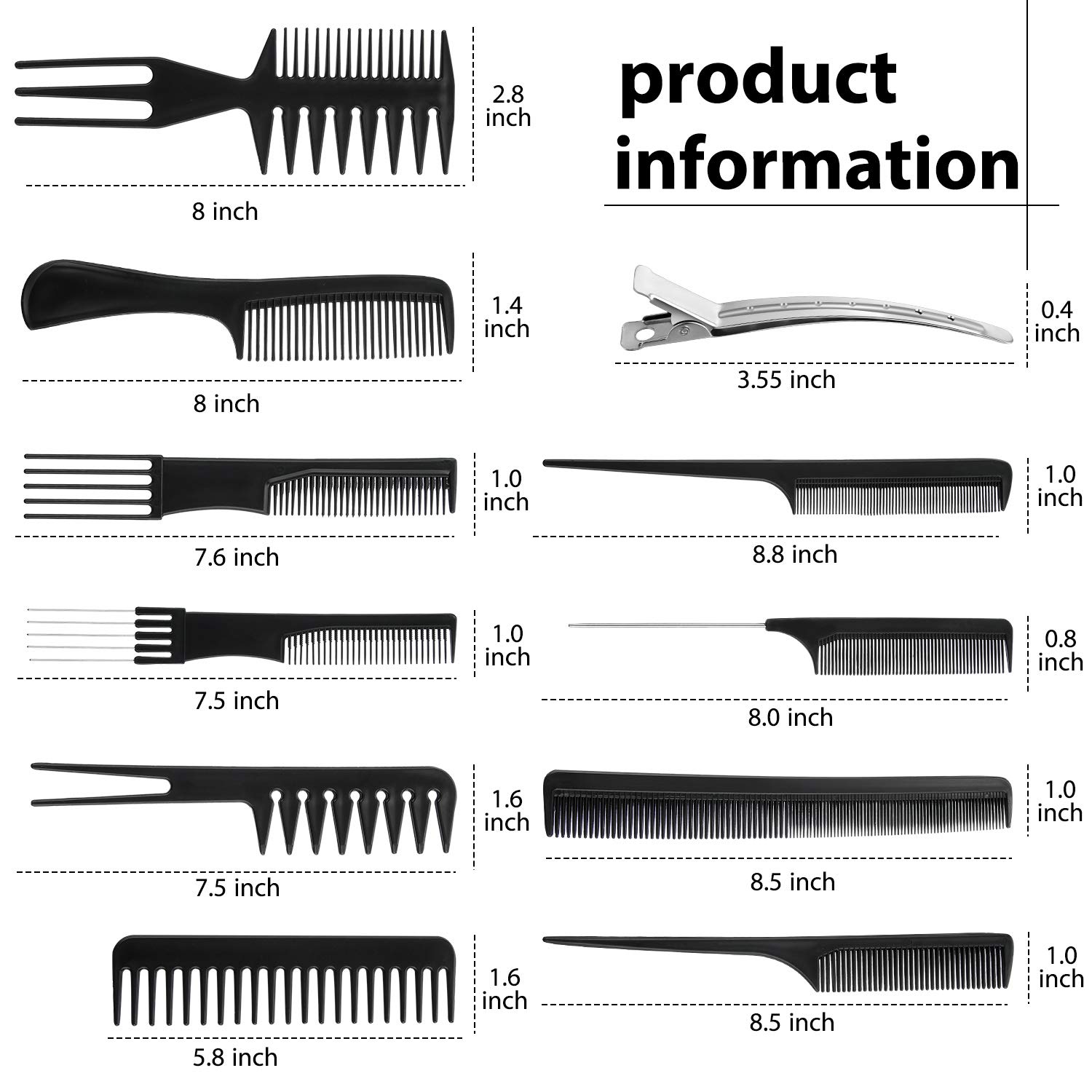 10 Pieces Hair Barber Styling Comb Set with 10 Pieces Duck Bill Clips Hair Cutting Comb Set Salon Anti-static Stylists Comb Clip Set for Women Men (Black)