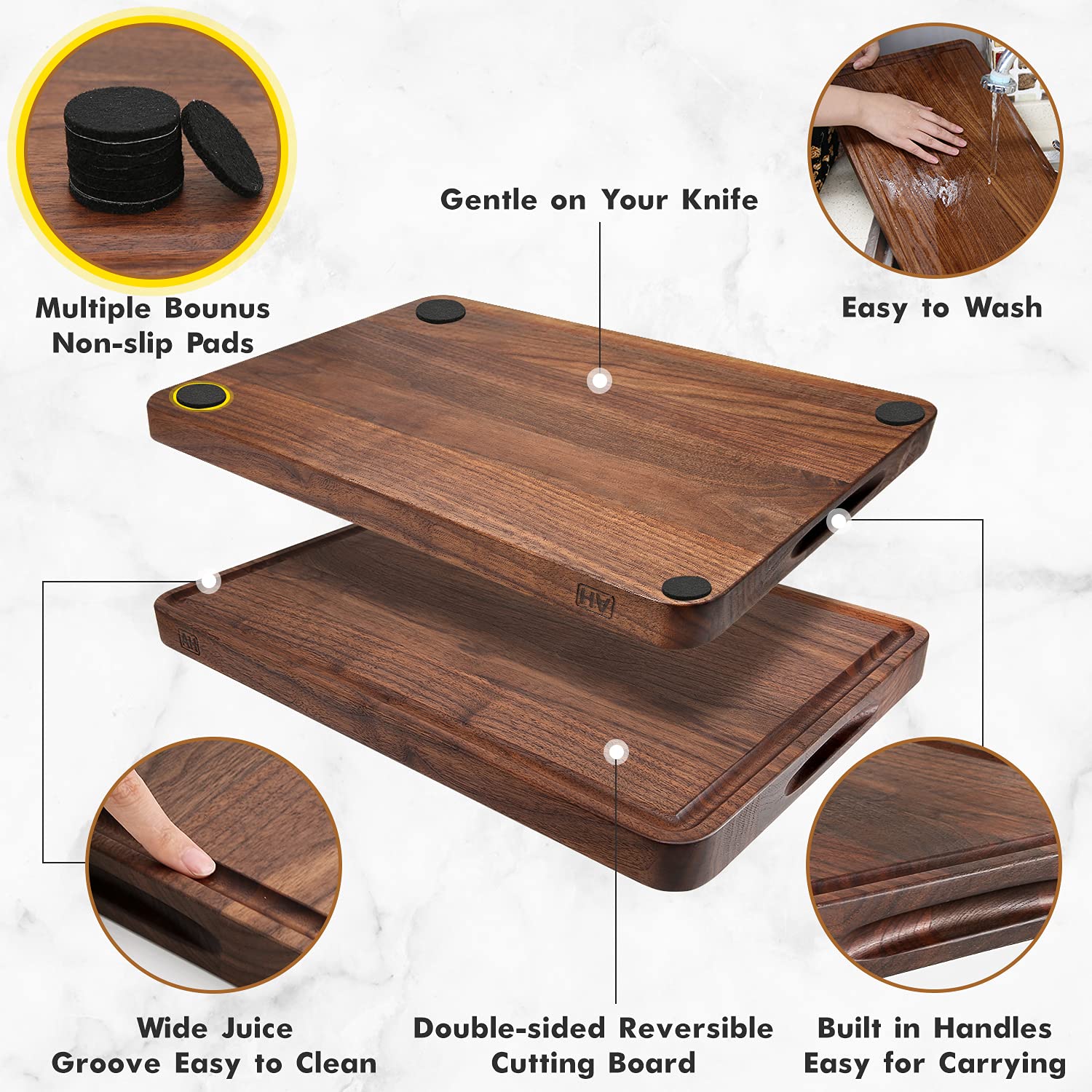 AZRHOM Large Walnut Wood Cutting Board for Kitchen 17x11 (Gift Box) with Juice Groove Handles Non-slip Mats Thick Reversible Butcher Block Chopping Board Cheese Charcuterie Board