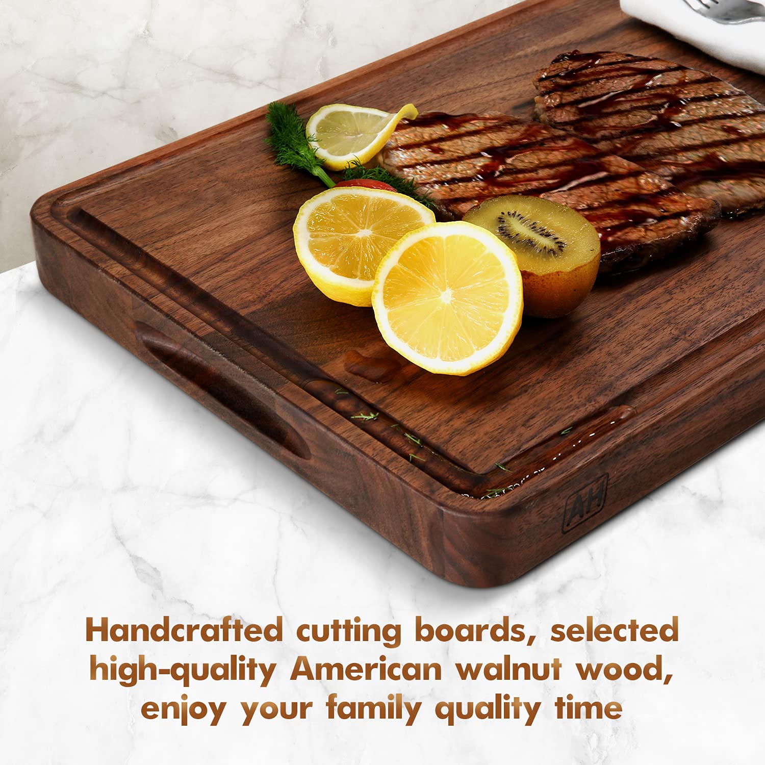 AZRHOM Large Walnut Wood Cutting Board for Kitchen 17x11 (Gift Box) with Juice Groove Handles Non-slip Mats Thick Reversible Butcher Block Chopping Board Cheese Charcuterie Board