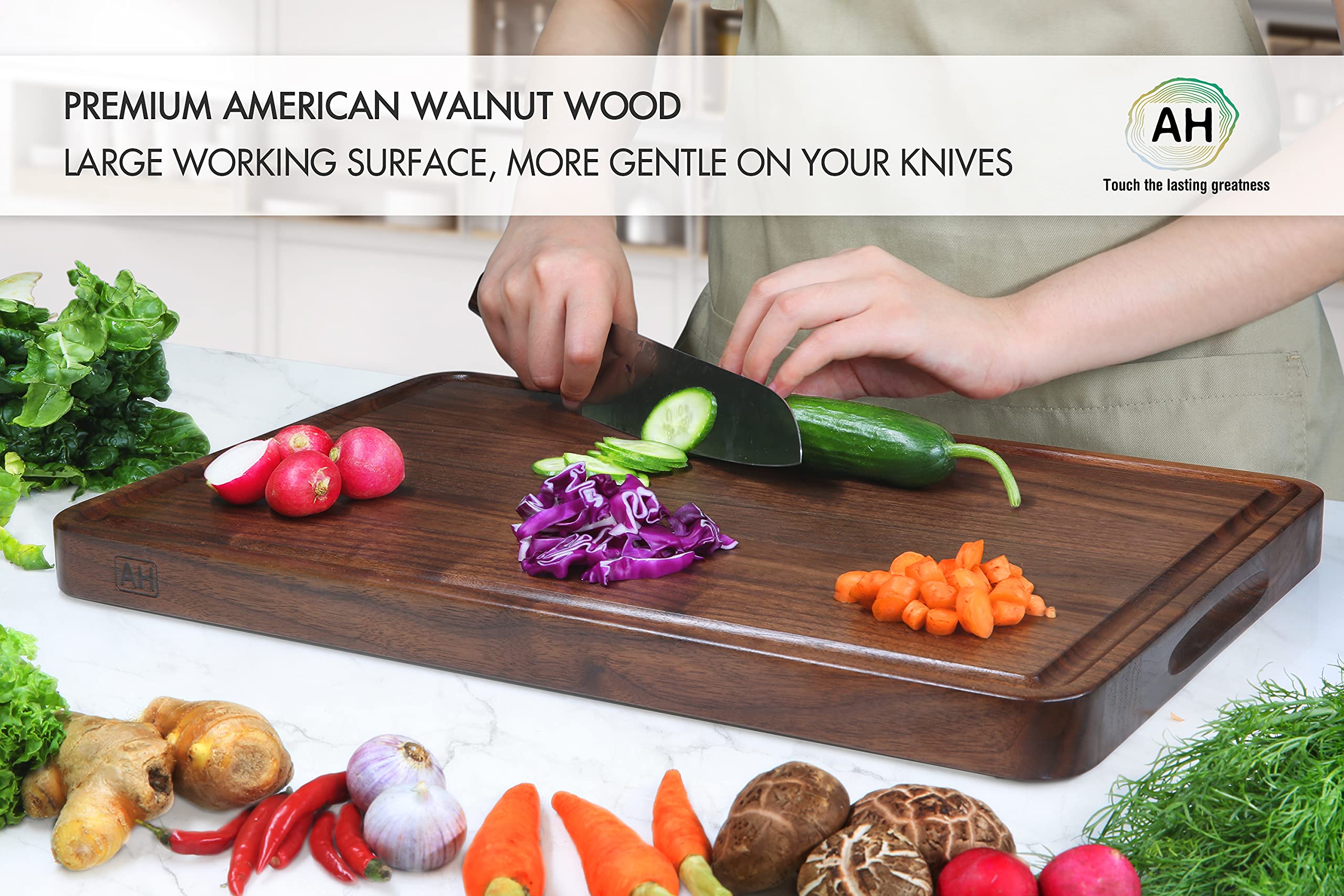 AZRHOM Large Walnut Wood Cutting Board for Kitchen 17x11 (Gift Box) with Juice Groove Handles Non-slip Mats Thick Reversible Butcher Block Chopping Board Cheese Charcuterie Board