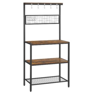 vasagle bakers rack, coffee bar, kitchen storage shelf rack with 10 hooks, 3 shelves, adjustable feet, for microwave oven, 15.7 x 33.1 x 66.9 inches, industrial, rustic brown and black ukks17bx