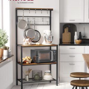 VASAGLE Bakers Rack, Coffee Bar, Kitchen Storage Shelf Rack with 10 Hooks, 3 Shelves, Adjustable Feet, for Microwave Oven, 15.7 x 33.1 x 66.9 Inches, Industrial, Rustic Brown and Black UKKS17BX