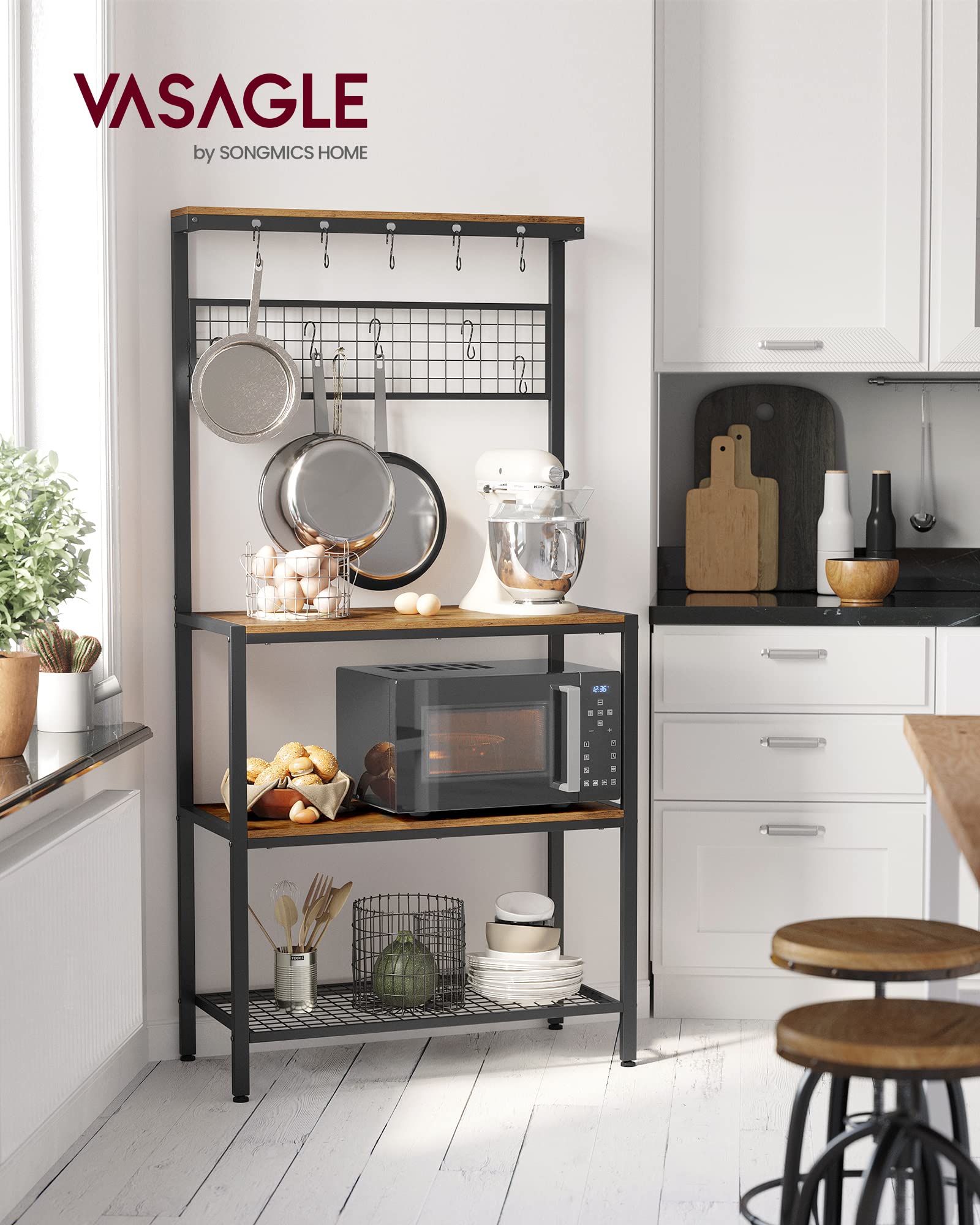 VASAGLE Bakers Rack, Coffee Bar, Kitchen Storage Shelf Rack with 10 Hooks, 3 Shelves, Adjustable Feet, for Microwave Oven, 15.7 x 33.1 x 66.9 Inches, Industrial, Rustic Brown and Black UKKS17BX