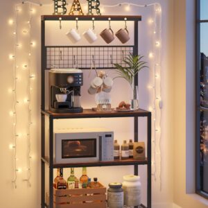 VASAGLE Bakers Rack, Coffee Bar, Kitchen Storage Shelf Rack with 10 Hooks, 3 Shelves, Adjustable Feet, for Microwave Oven, 15.7 x 33.1 x 66.9 Inches, Industrial, Rustic Brown and Black UKKS17BX