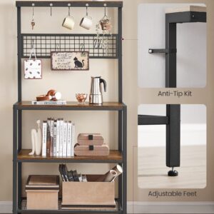 VASAGLE Bakers Rack, Coffee Bar, Kitchen Storage Shelf Rack with 10 Hooks, 3 Shelves, Adjustable Feet, for Microwave Oven, 15.7 x 33.1 x 66.9 Inches, Industrial, Rustic Brown and Black UKKS17BX