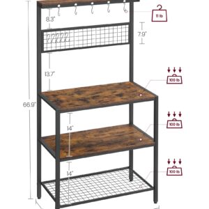 VASAGLE Bakers Rack, Coffee Bar, Kitchen Storage Shelf Rack with 10 Hooks, 3 Shelves, Adjustable Feet, for Microwave Oven, 15.7 x 33.1 x 66.9 Inches, Industrial, Rustic Brown and Black UKKS17BX