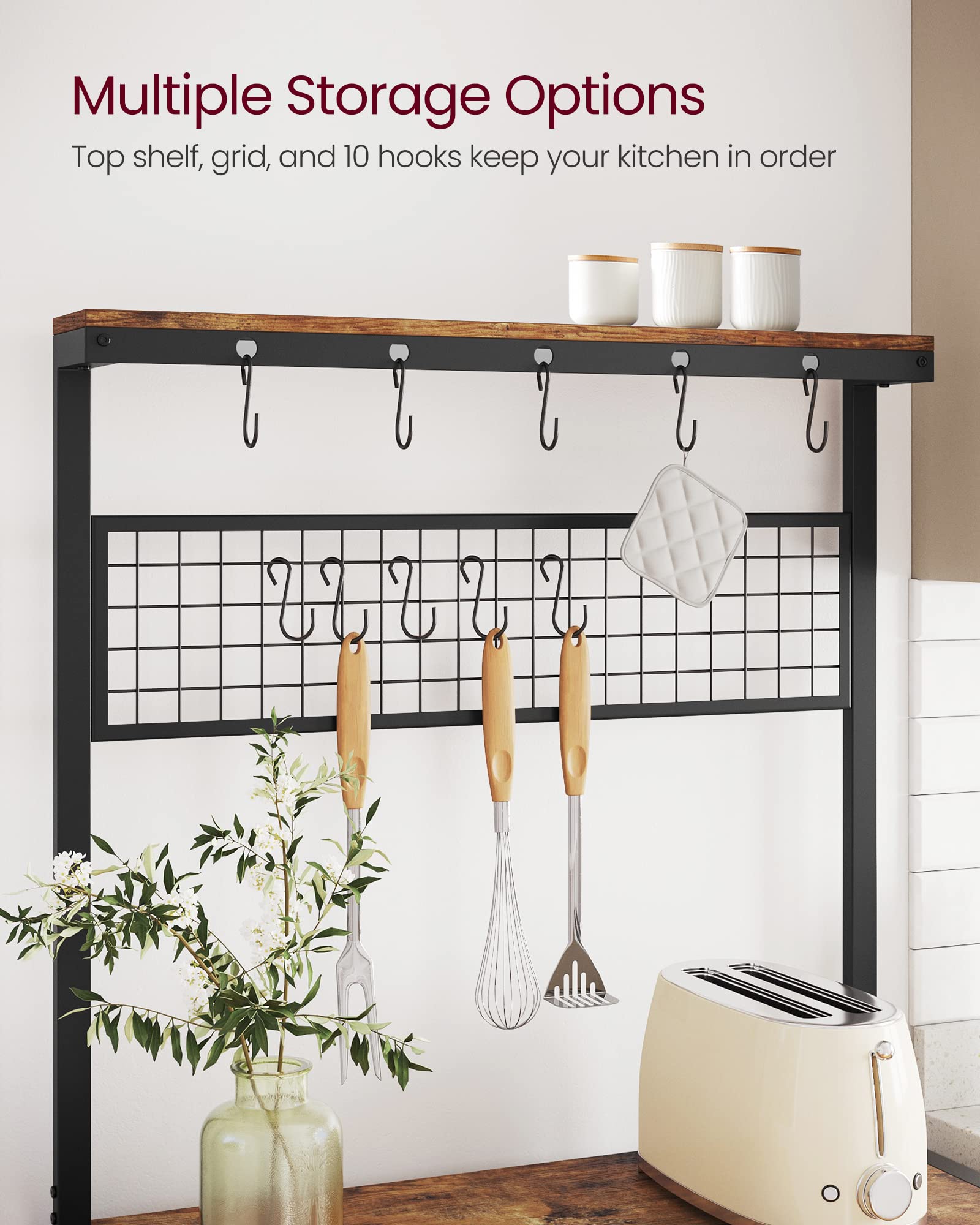 VASAGLE Bakers Rack, Coffee Bar, Kitchen Storage Shelf Rack with 10 Hooks, 3 Shelves, Adjustable Feet, for Microwave Oven, 15.7 x 33.1 x 66.9 Inches, Industrial, Rustic Brown and Black UKKS17BX