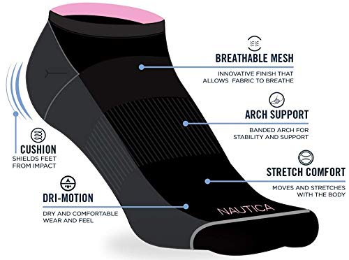 Nautica Women's Low Cut Cushioned Moisture Control Athletic Socks (6 Pack), Size 4-10, Black