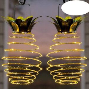 2 pack outdoor decorative solar lights 24 bright led pineapple hanging lanterns waterproof for garden, corridor, courtyard, party decor (warm white)