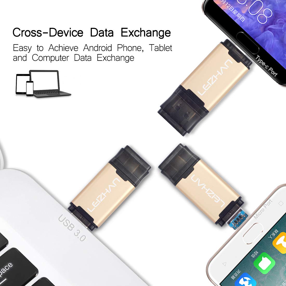 128GB 3in1 USB Flash Drive for Android Phone (Both Micro and Type-C),USB 3.0 3-in-1 128GB Photo Stick for Samsung Galaxy Note 10, S10,Note 9, S9, S8,S7,S6,S5, Google Pixel USB Drive