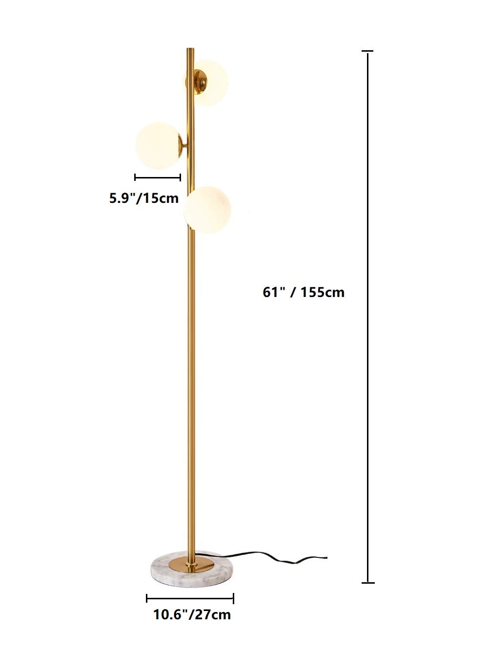 Dellemade LED Floor Lamp,3 Glass Globes Floor Light,LED Bulbs Included,Golden